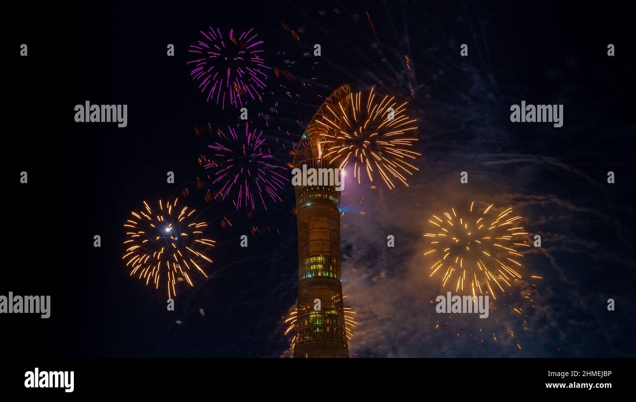 Doha, Qatar- December 20 ,2021 : Fireworks show at Aspire Park during ...