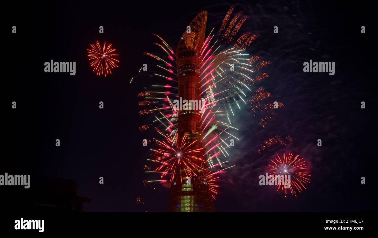 Doha, Qatar- December 20 ,2021 : Fireworks show at Aspire Park during ...