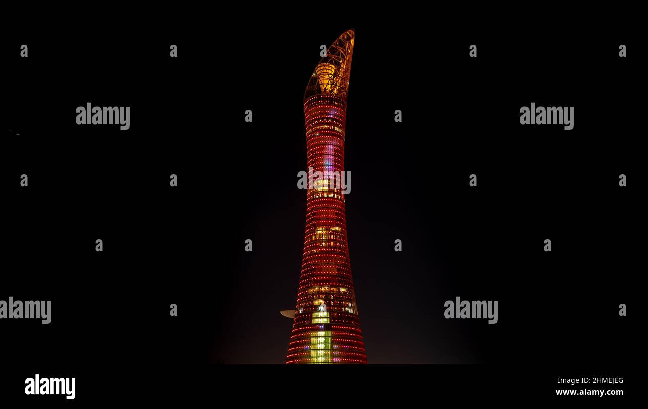 Doha, Qatar- December 20 ,2021 : The torch tower in aspire zone in Doha ...