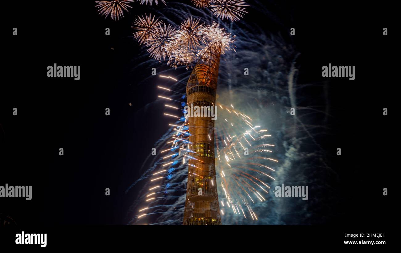Doha, Qatar- December 20 ,2021 : Fireworks show at Aspire Park during ...