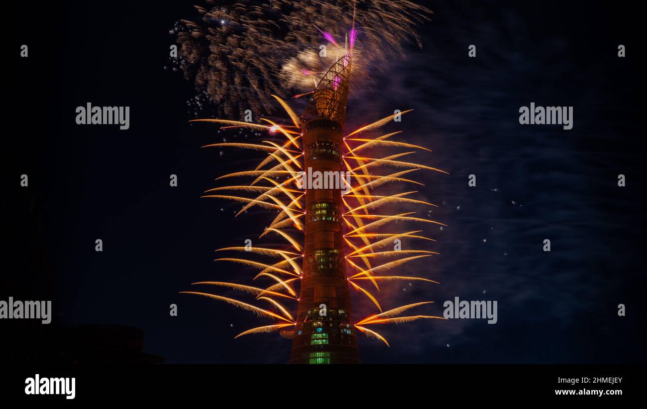 Doha, Qatar- December 20 ,2021 : Fireworks show at Aspire Park during ...