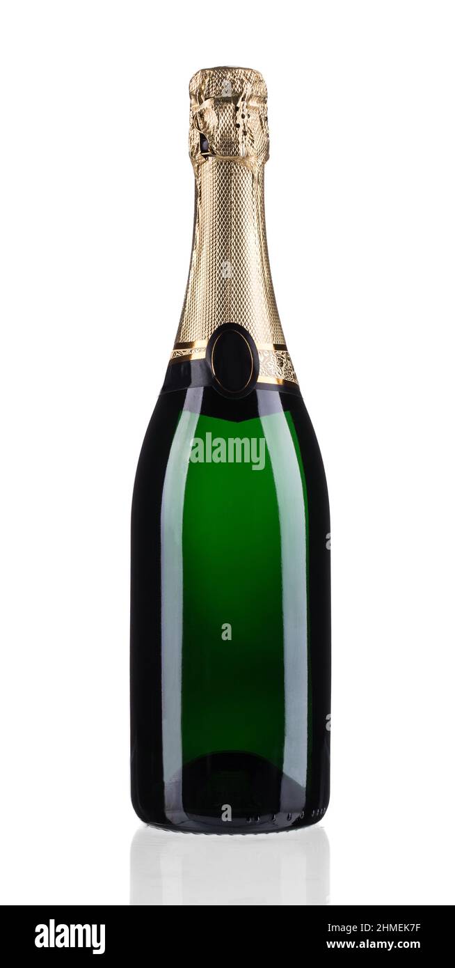 Green champagne bottle with gold foil. Isolated on white background ...