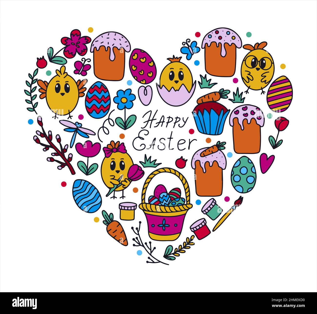 Easter traditional doodle collection - eggs, chickens, basket ...