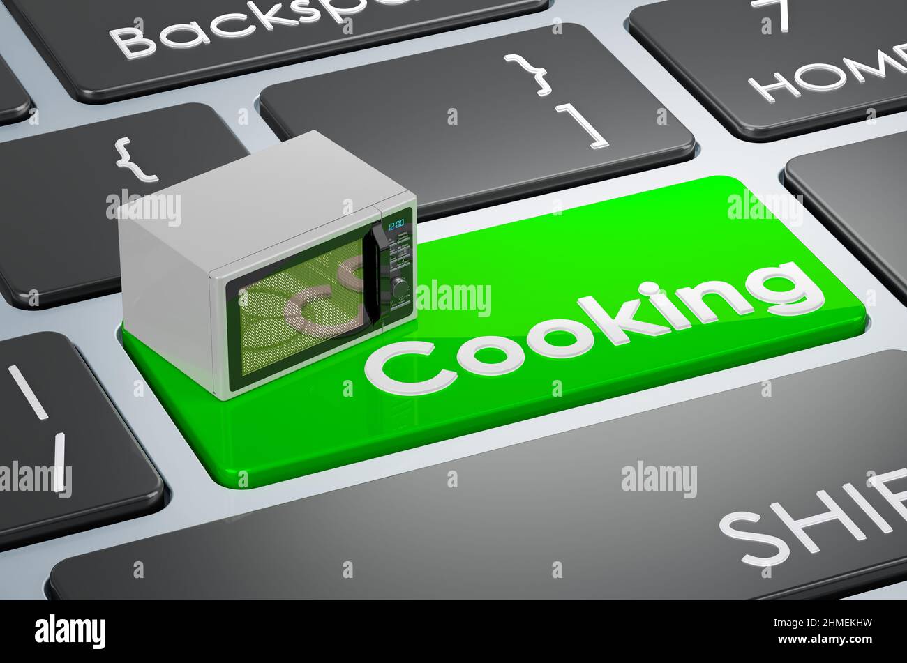Microwave oven on keyboard. Cooking green key. 3D rendering Stock Photo ...