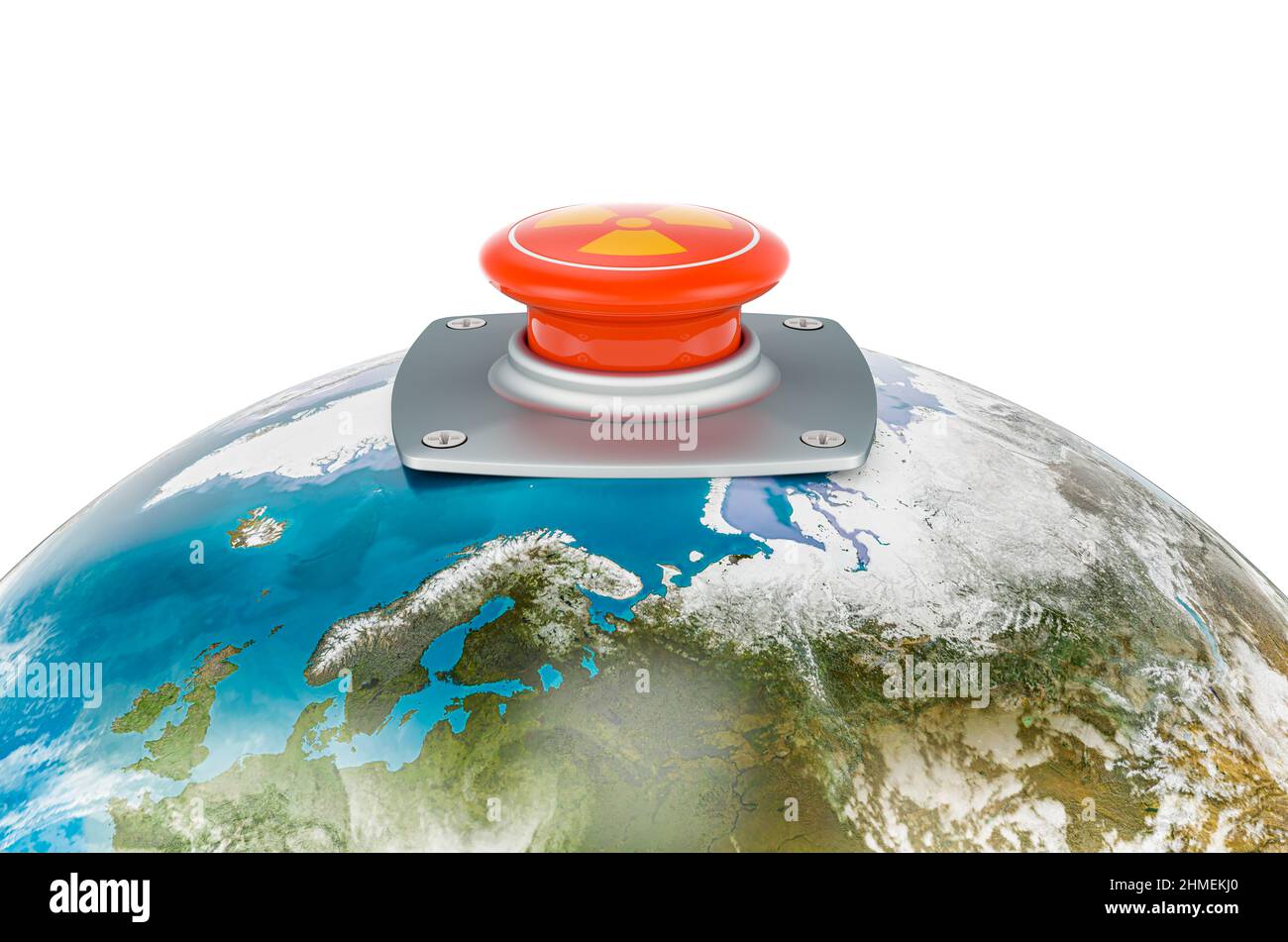 Nuclear red button on the Earth Globe. Global Nuclear Threat concept ...