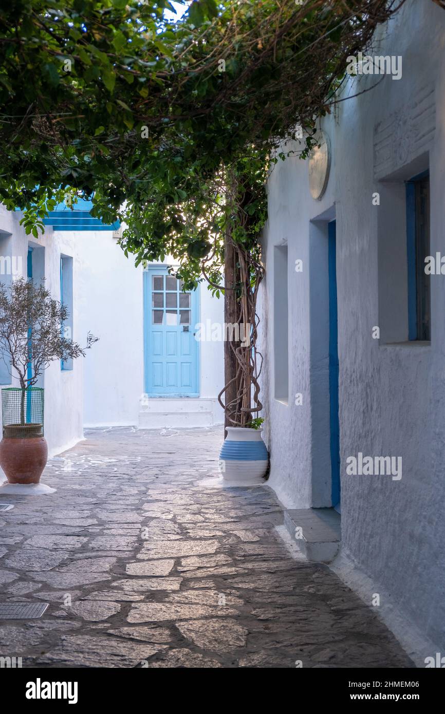 Greece, Milos island, Chora town, Plaka. Blue door of whitewashed ...