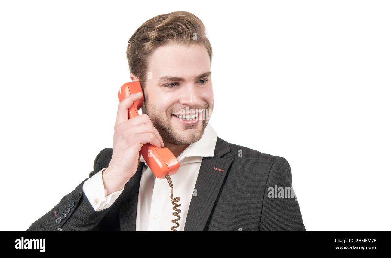 Whos calling. Happy man is on phone. Vintage telephone call. Calling ...