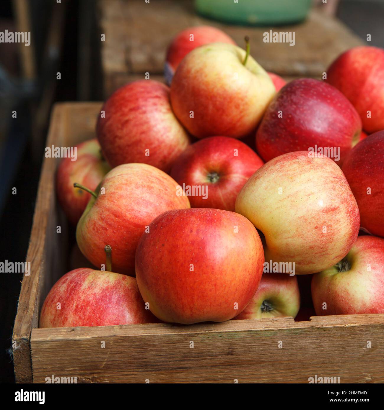 Closeup of many lower grade red apples on shelf display stand for sale ...