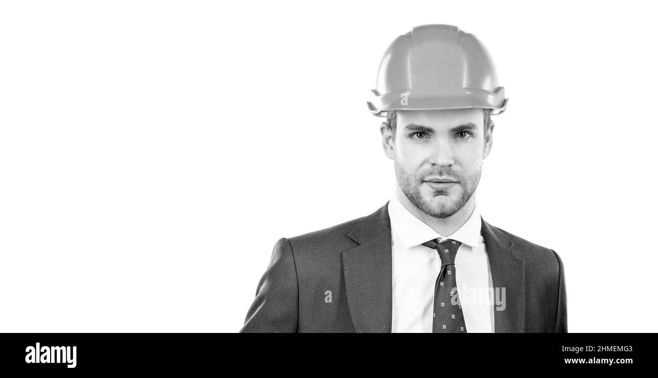 Engineering your dreams with us. Serious engineer portrait isolated on ...