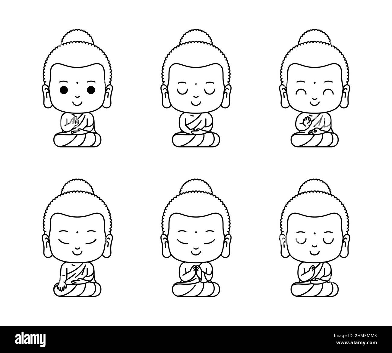 Little buddha cartoon character meditation outline vector illustration ...