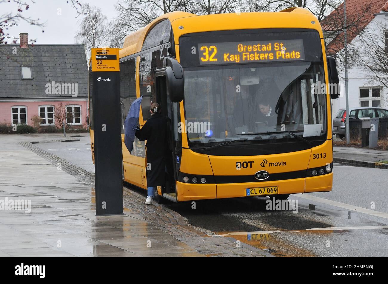 Copenhagen/Denmark./09 February 2022/Electric bus route 32 in Kastrup ...