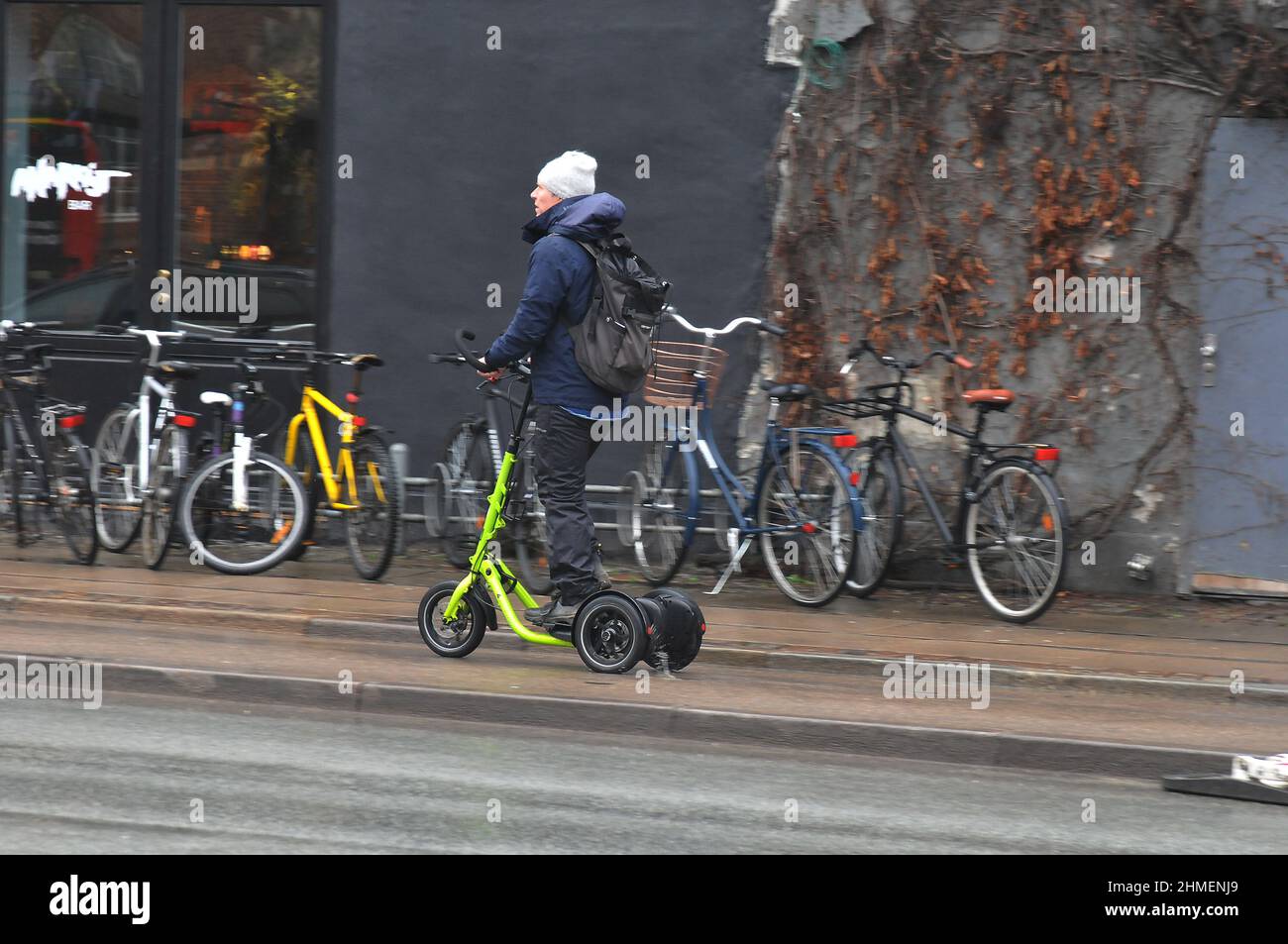 Copenhagen/Denmark./09 February 2022/.Man rides padel kajak scooter in ...