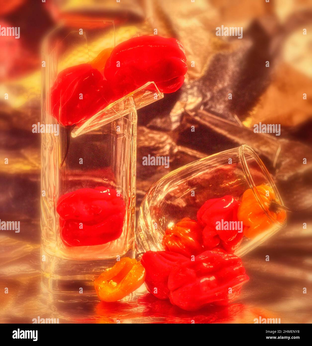 Unusual close up colourful food still-life of red Scotch Bonnet Peppers ...
