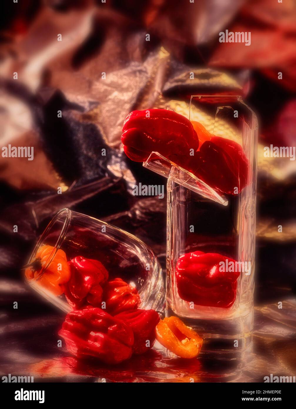 Unusual close up colourful food still-life of red Scotch Bonnet Peppers ...