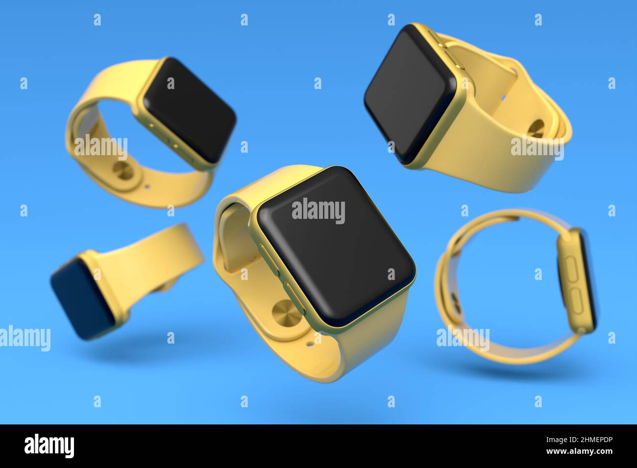 Set of smart watches with colorful straps on blue background. 3D ...