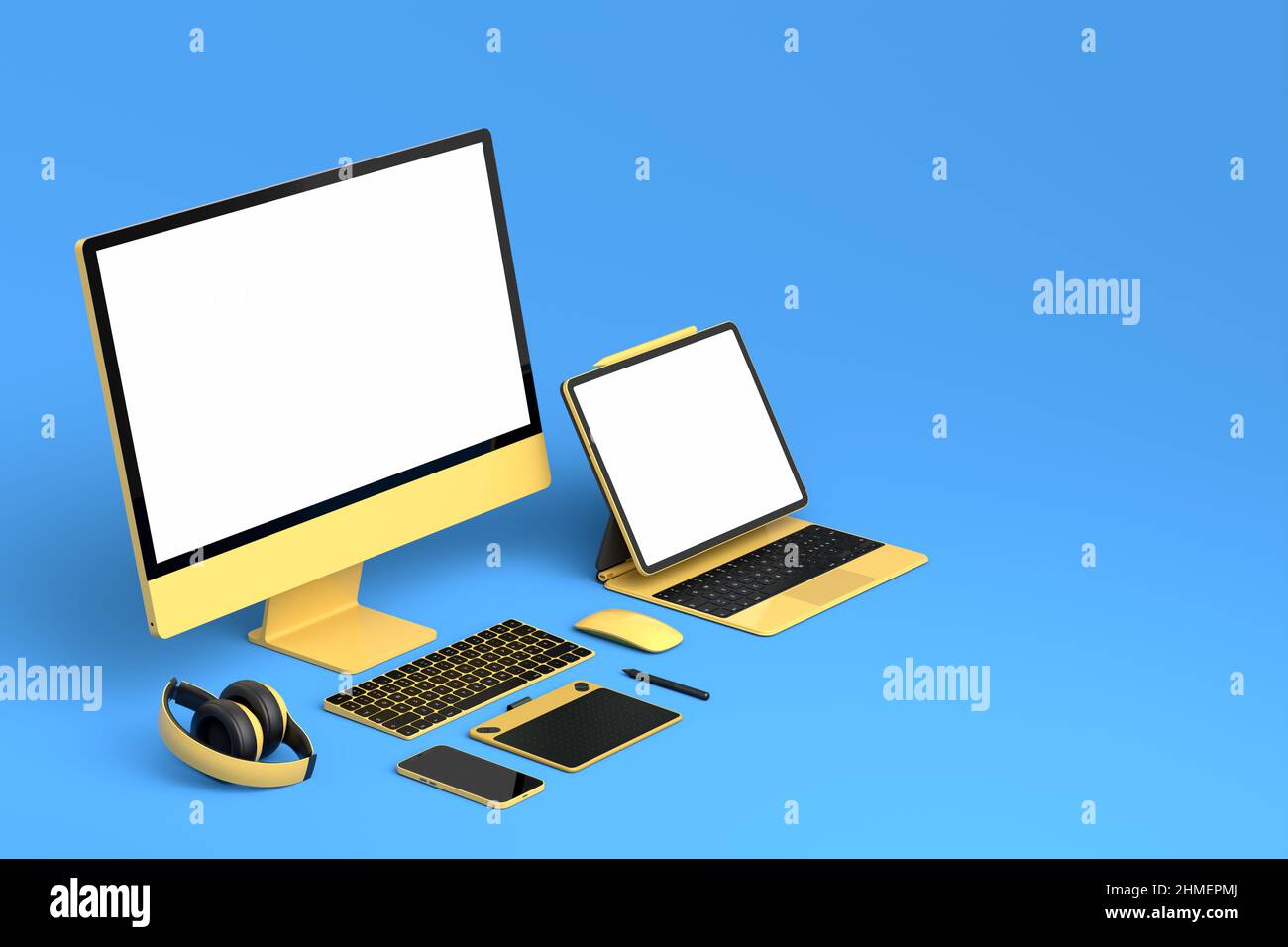 Desktop computer with keyboard, mouse, laptop and headphones on blue ...