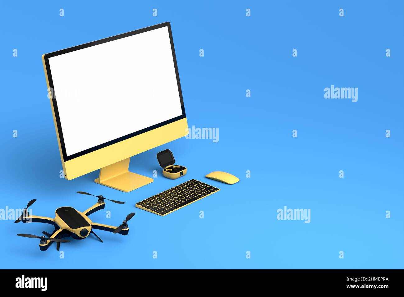 Desktop computer with keyboard, mouse, drone and controller on blue ...
