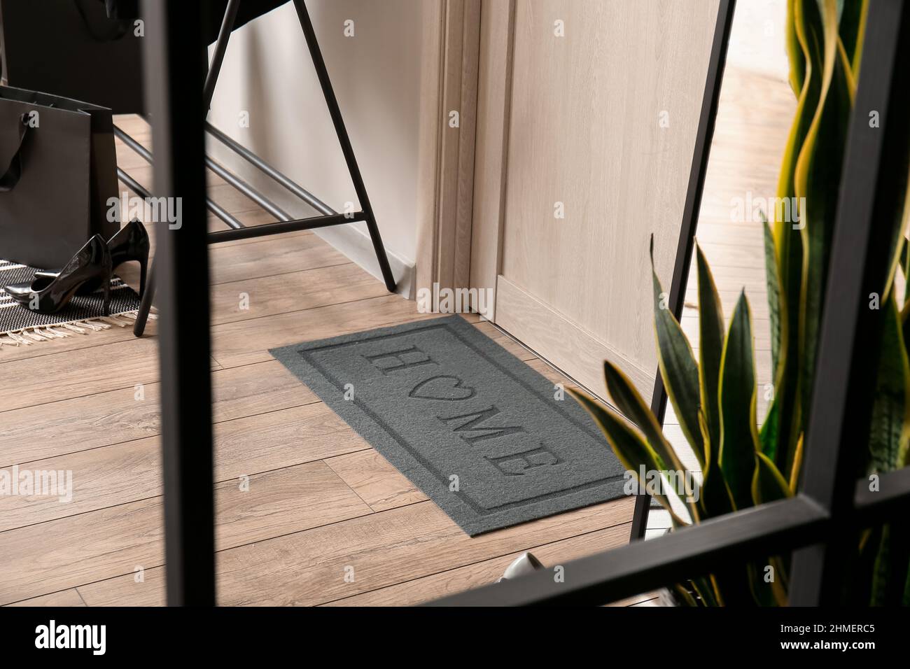 Modern mat near light wooden door in hall Stock Photo - Alamy