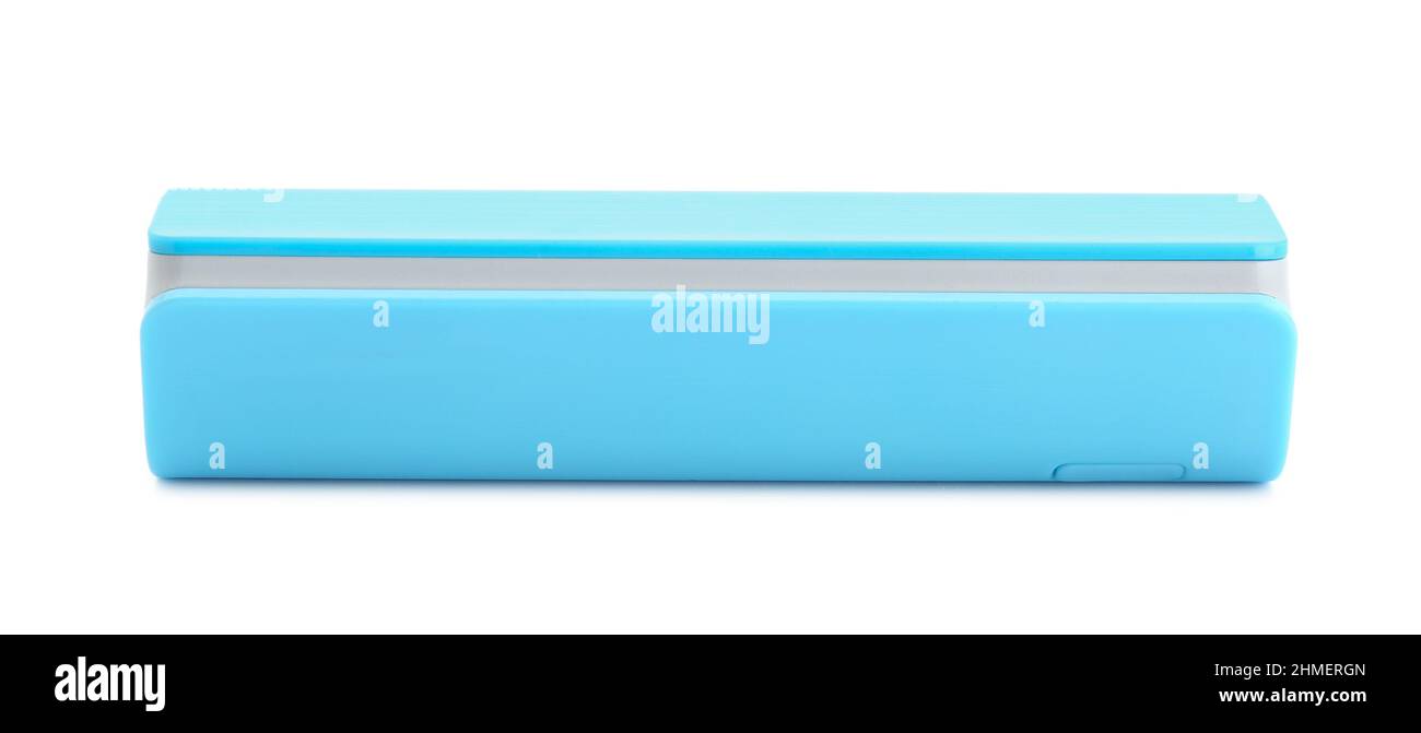 Blue power bank on white background Stock Photo - Alamy