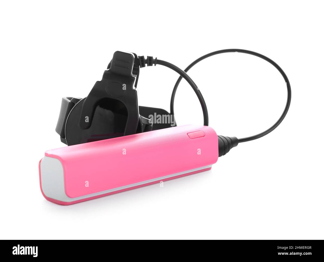 Pink power bank with smartwatch on white background Stock Photo - Alamy