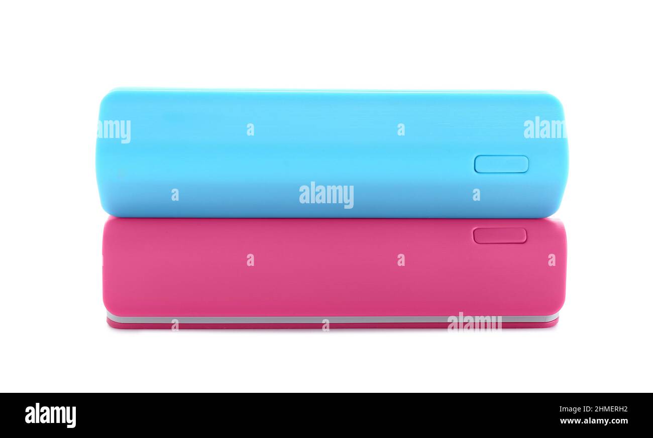 Modern power banks on white background Stock Photo - Alamy