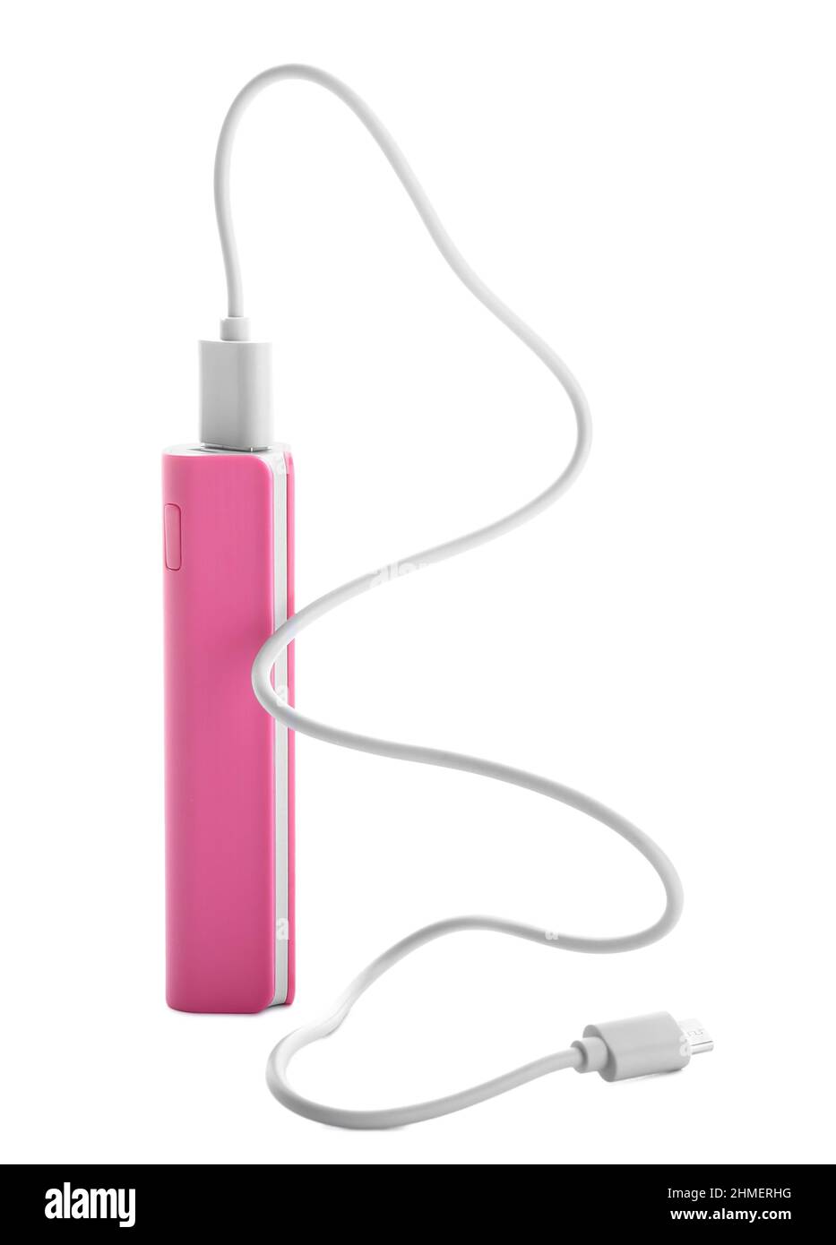 Pink power bank with USB cable on white background Stock Photo - Alamy