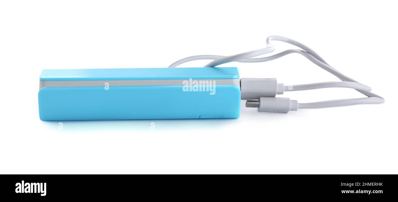 Blue power bank with USB cable on white background Stock Photo - Alamy