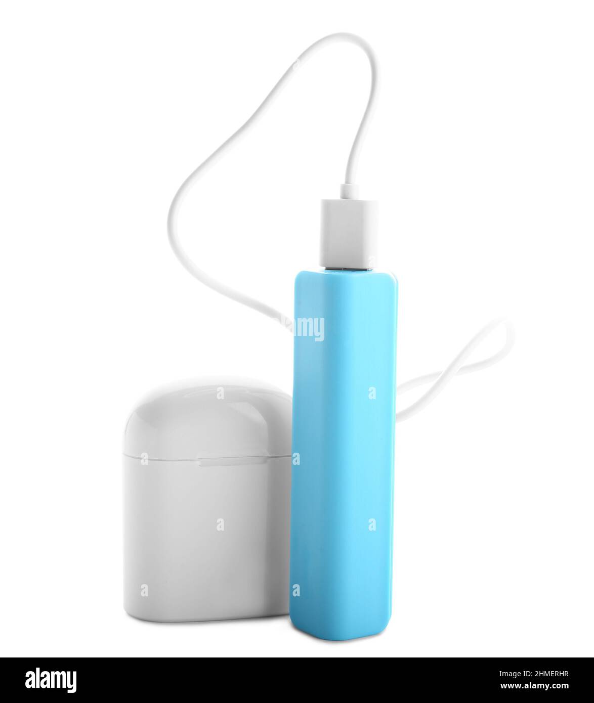 Blue power bank with earphones on white background Stock Photo - Alamy