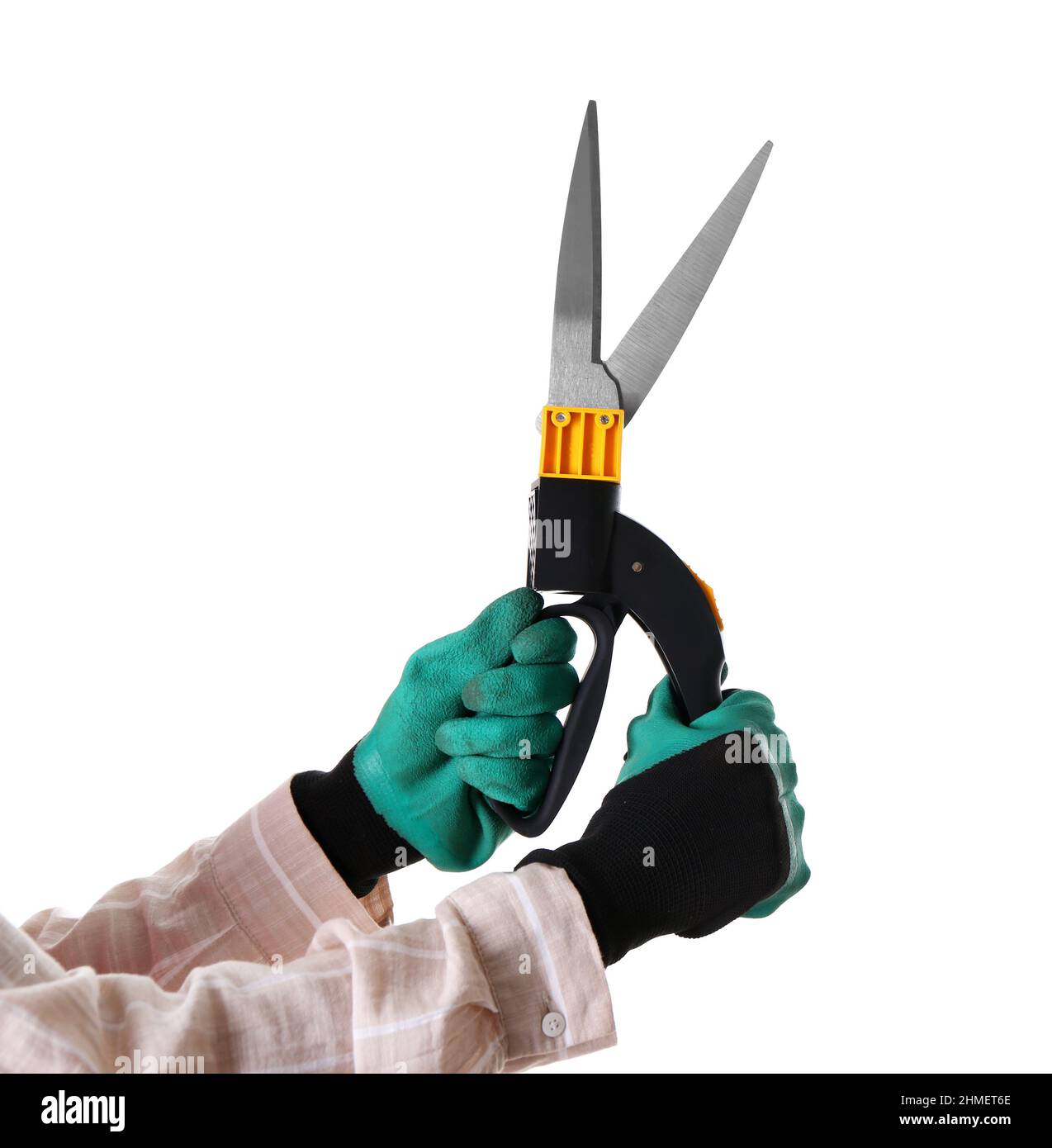 Female gardener with pruner on white background Stock Photo - Alamy