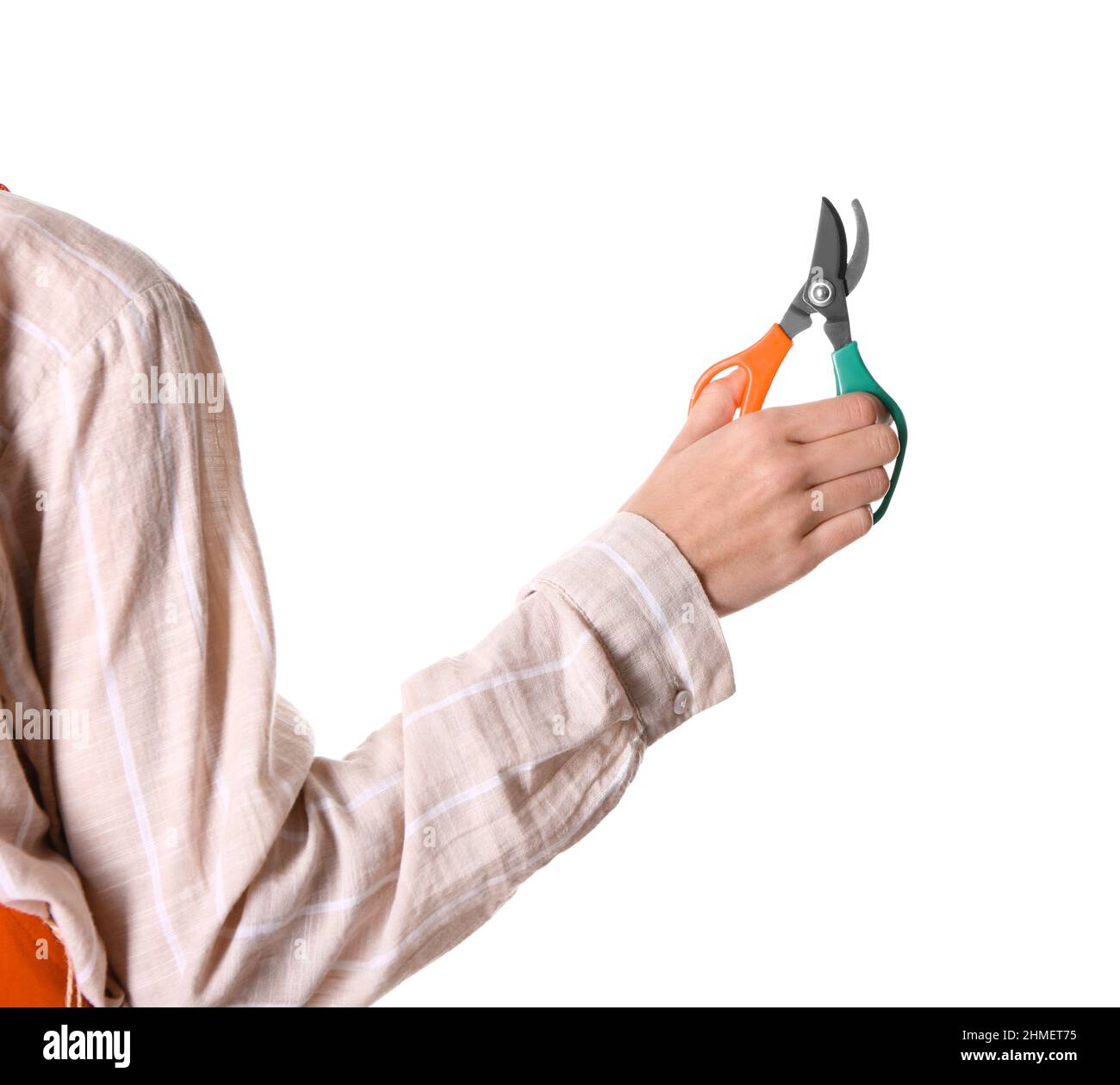 Female gardener with pruner on white background Stock Photo - Alamy