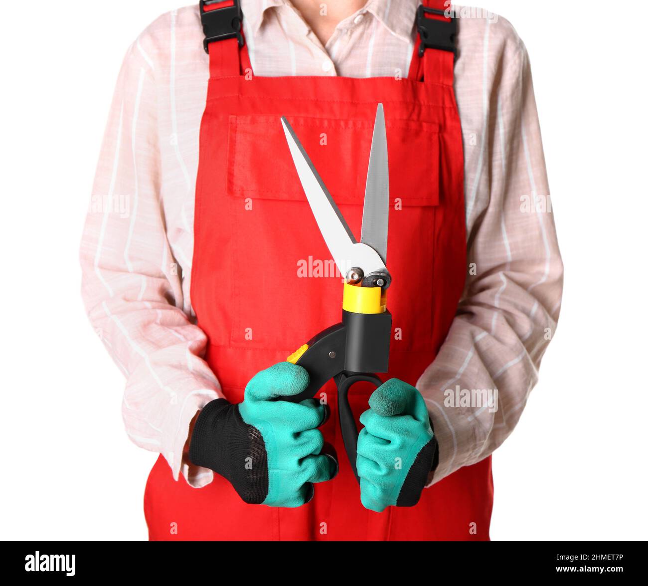 Female gardener with pruner on white background Stock Photo - Alamy