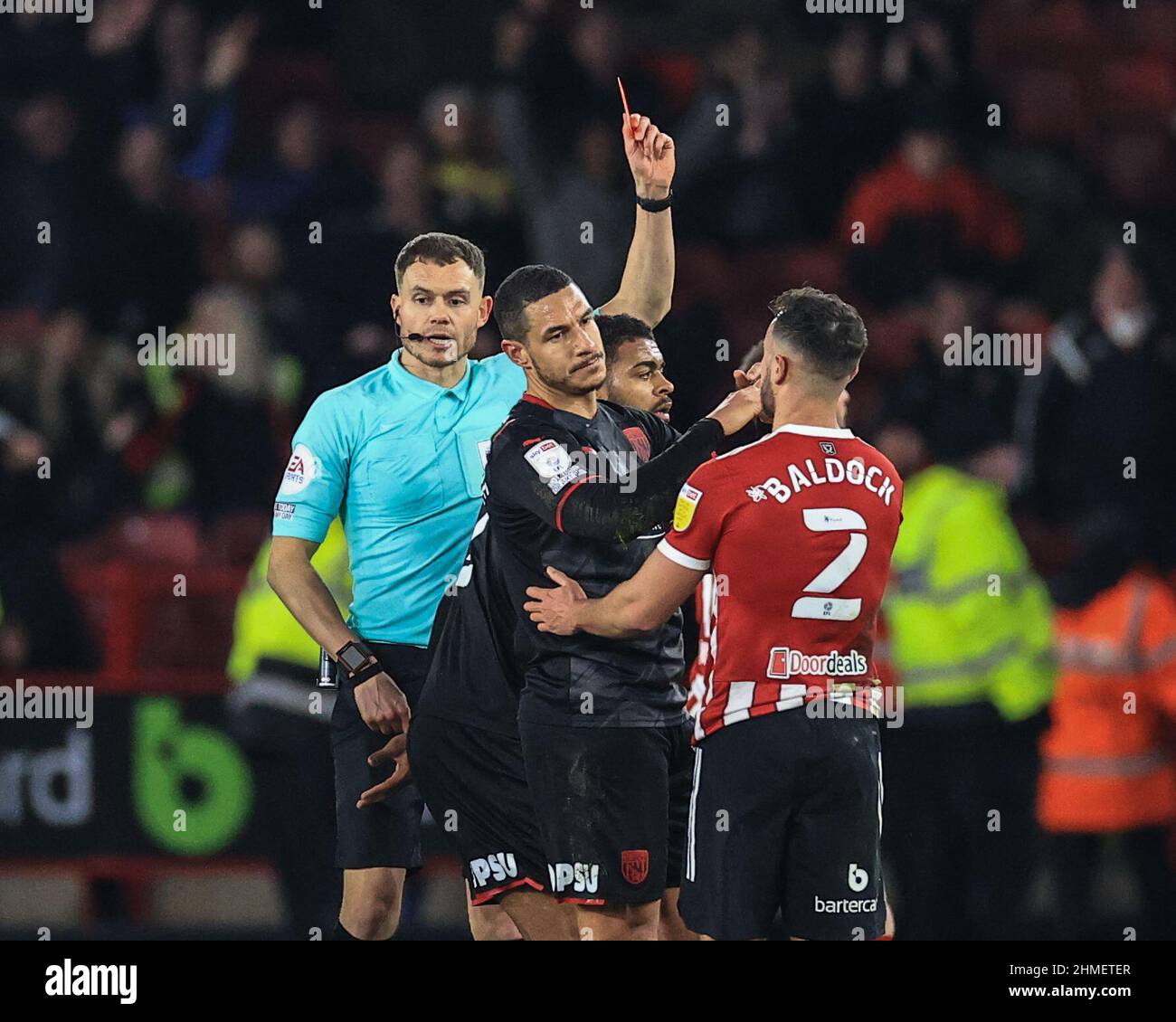 Referee Leigh Doughty gives Jake Livermore #8 of West Bromwich Albion a ...