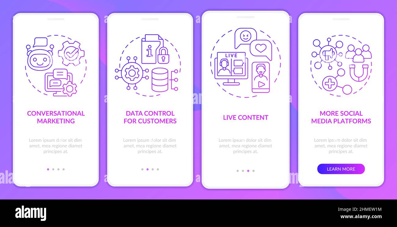 Modern marketing trends purple gradient onboarding mobile app screen ...