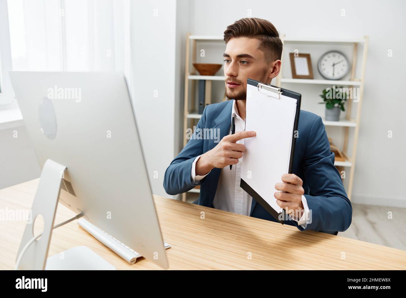 manager sitting at the computer work boss documentation isolated ...