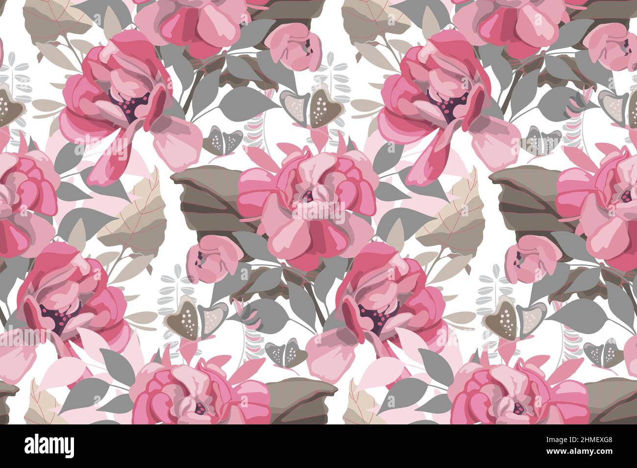 Vector floral seamless pattern. Pink roses, beige and gray leaves and ...