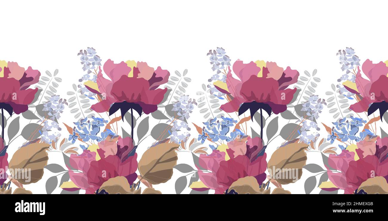 Vector floral seamless pattern, border. Horizontal panoramic ...