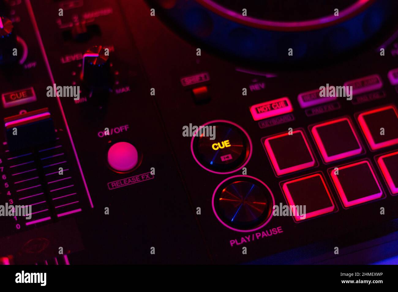 DJ mix studio audio tracks mixing buttons pads decks mixing console ...