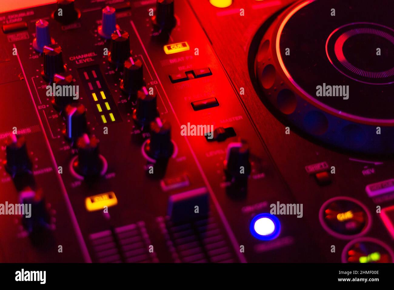 DJ mix studio audio tracks mixing buttons pads decks mixing console ...