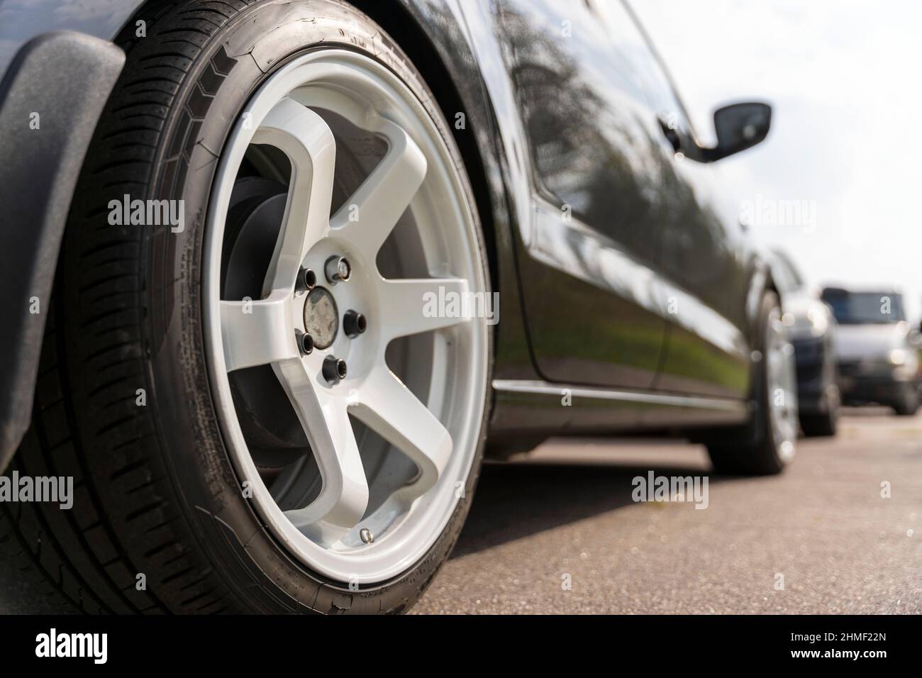 Side view of the rear wheel of the car, a beautiful wheel disk Stock ...