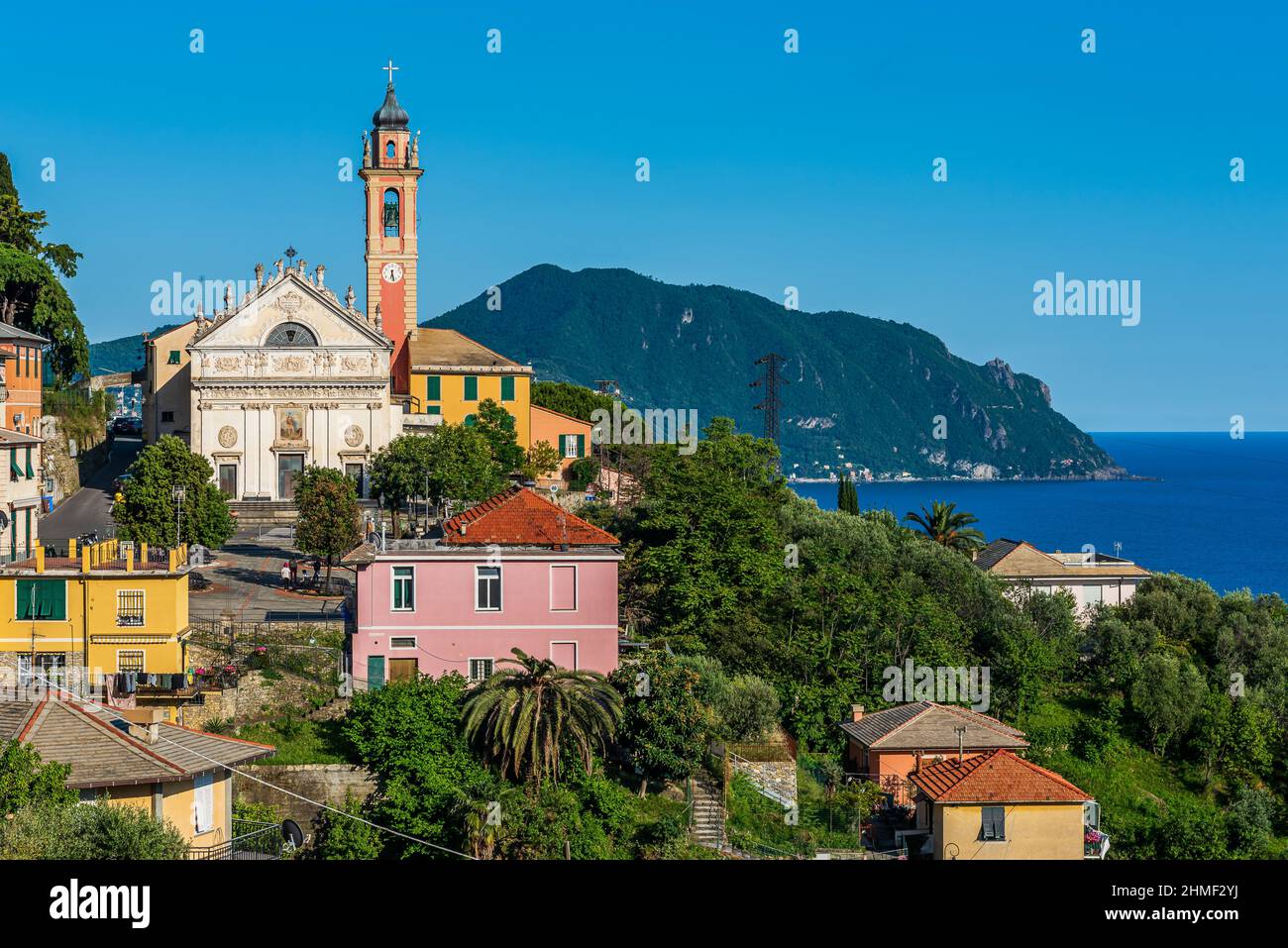 Village of Pieve Ligure with its church on the Italian Riviera Stock ...
