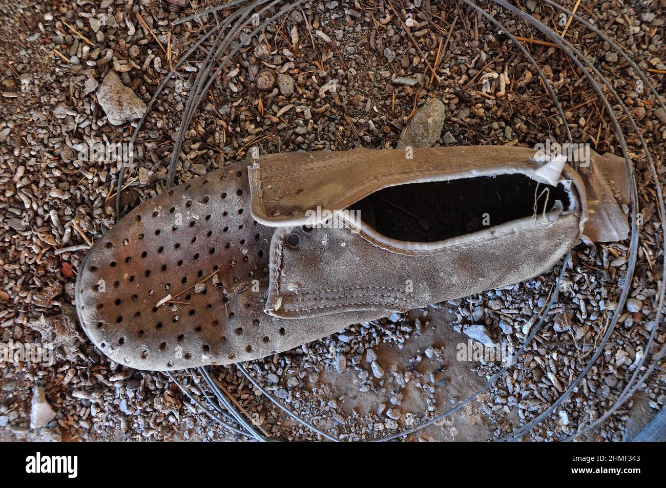 Miserable suede men's shoe on the floor, rotten shoe, shoe wreck ...
