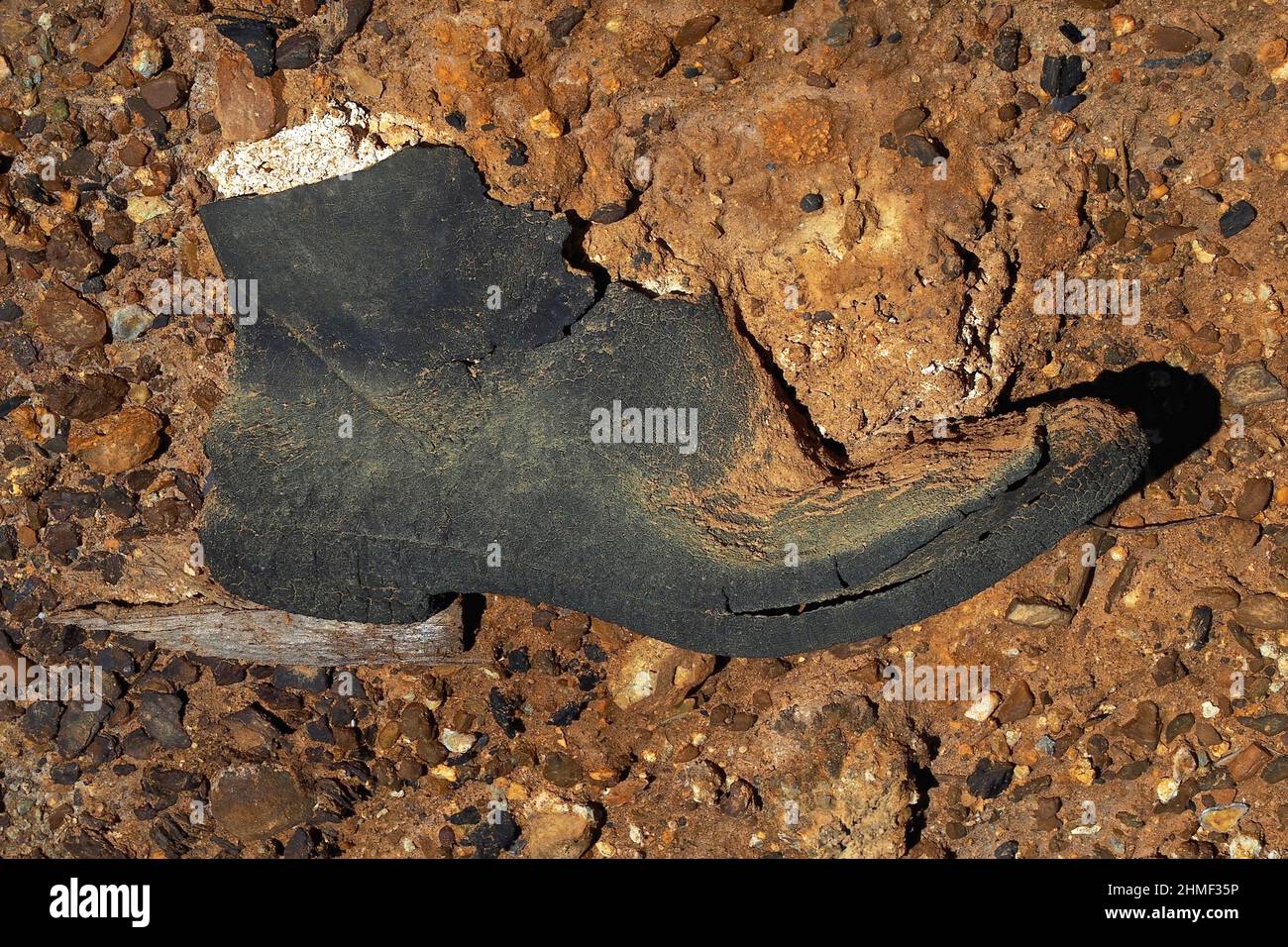 Rubber boot on red earth, rotten shoe on the ground, rubber shoe, shoe ...