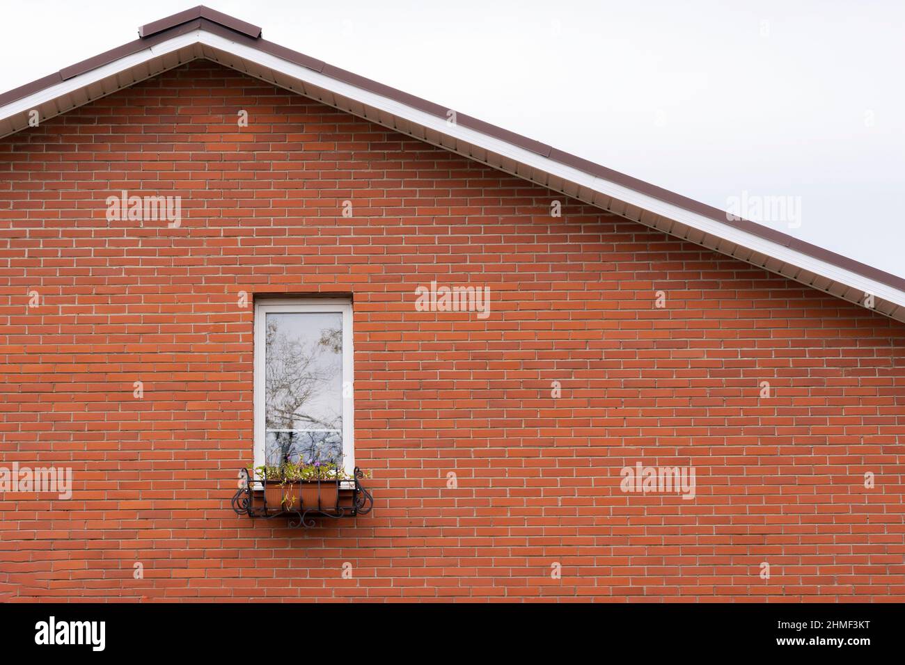 A window in a red brick wall with potted flowers on the outside sill ...