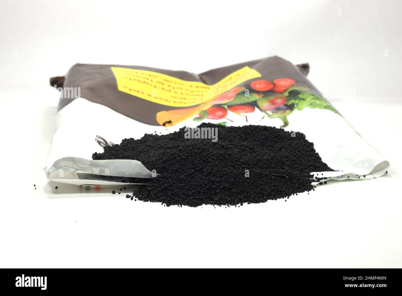 A closeup of an open bag of Calcium cyanamide nitrogen fertilizer ...