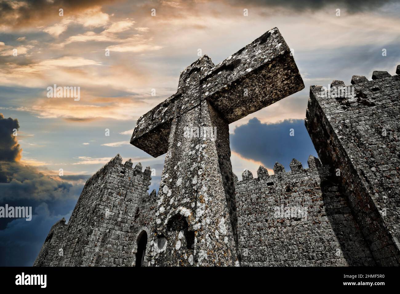 Cross next to castle walls, Trancoso, Serra da Estrela, Portugal Stock ...