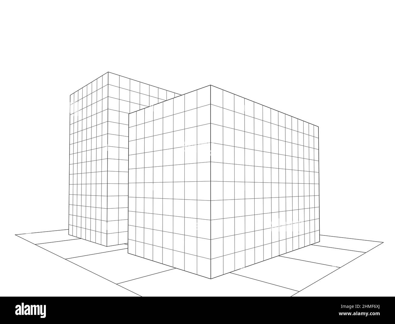 perspective view of buildings wireframe, 3d illustration isolated on ...