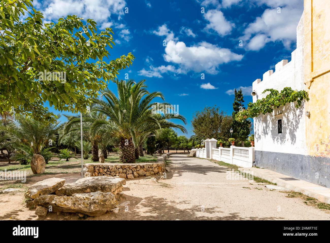 Garden with palm trees, church Ermita de Sant Joan de Missa, Menorca ...