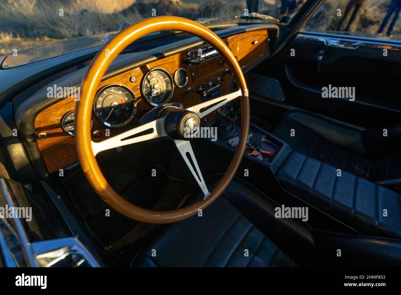 Vintage British Sports Car in British Racing Green - Mountains Stock ...