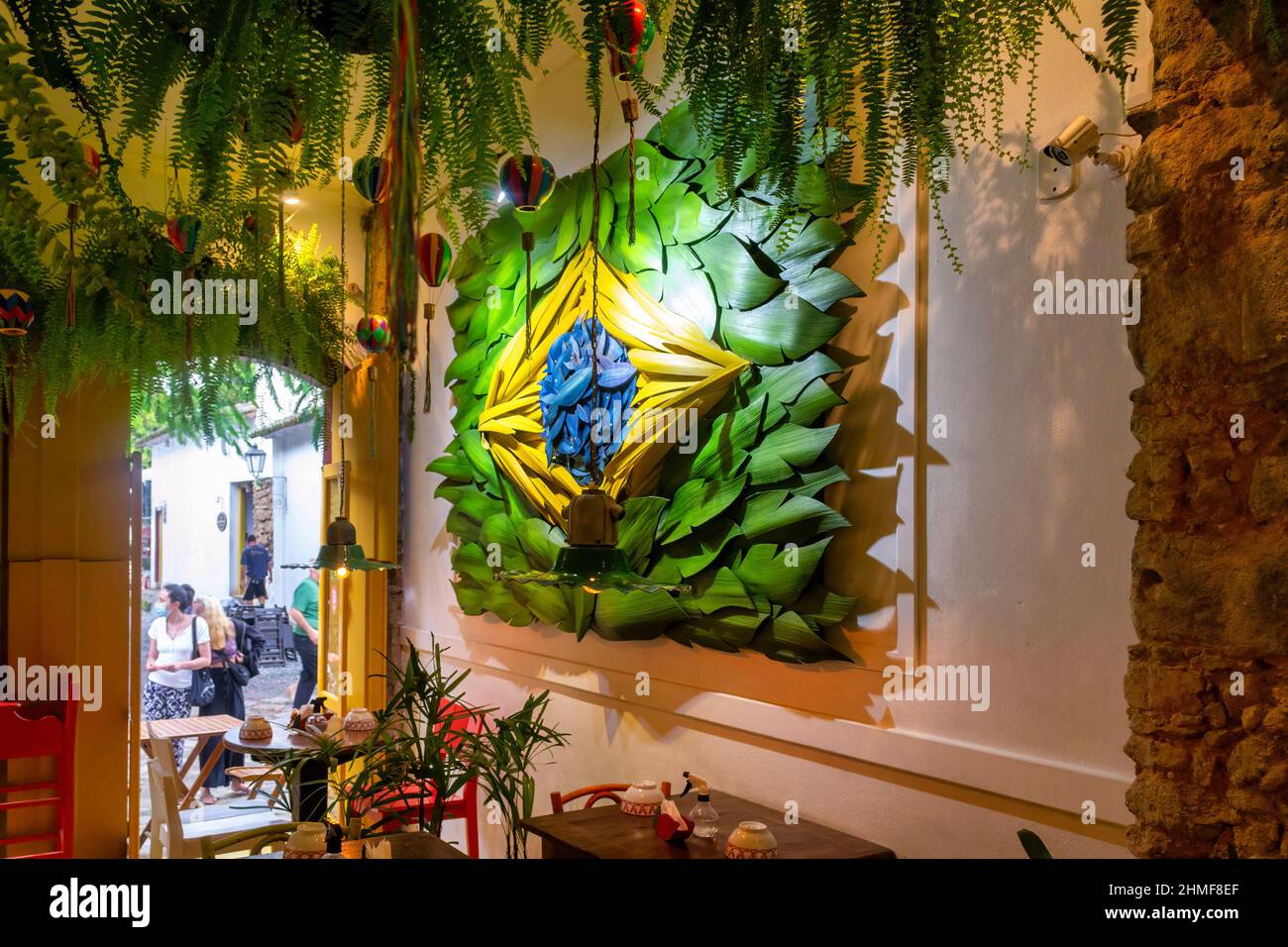 Brazilian flag art decorating inside the restaurant Thai Paraty Stock ...
