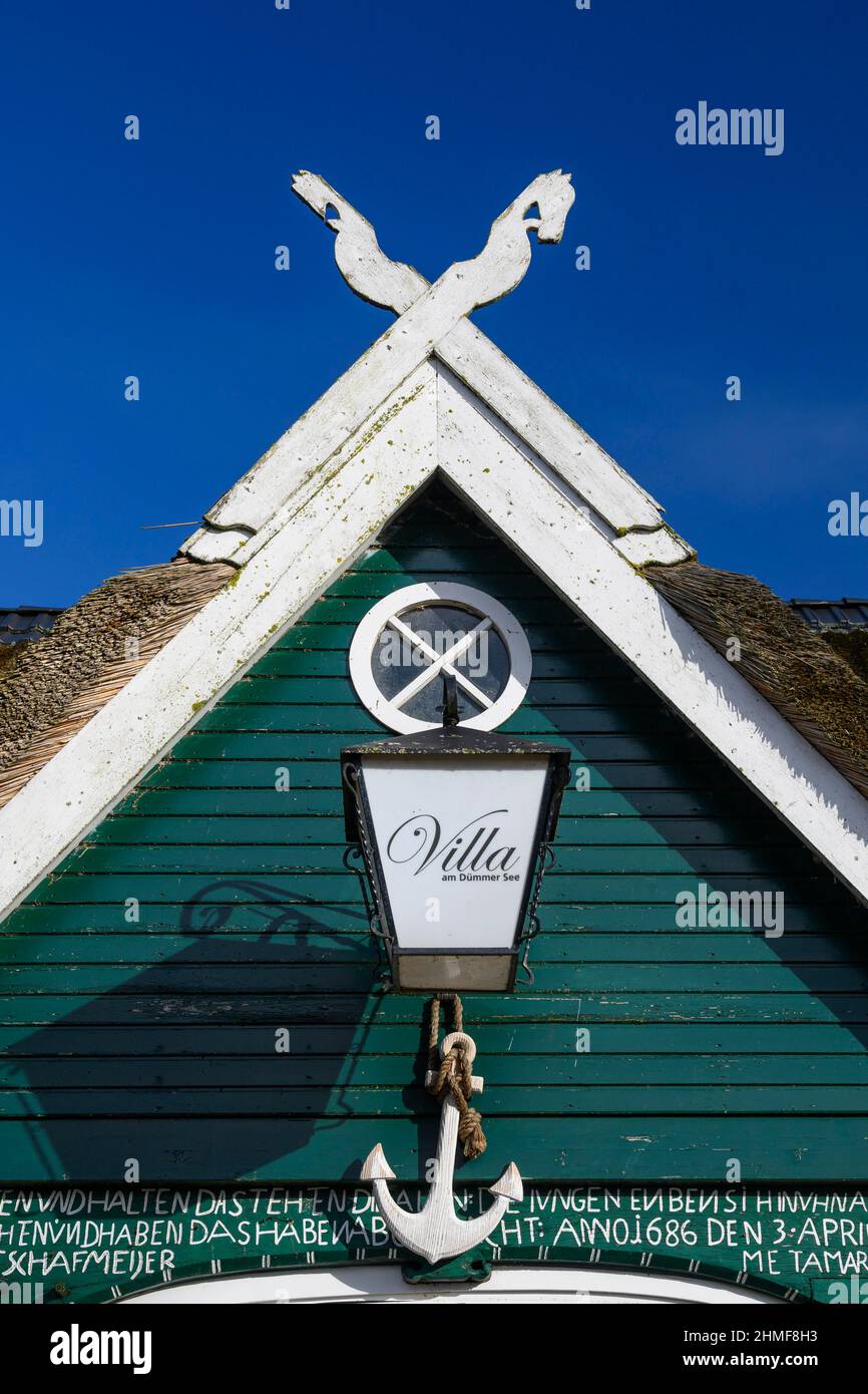 Half-timbered gable of a thatched house at Duemmer, Huede, Lower Saxony ...